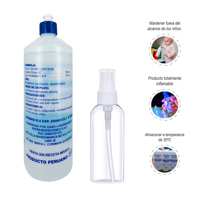 Alcohol Desinfectante 70° + Envase Porta Alcohol Spray 75 ml