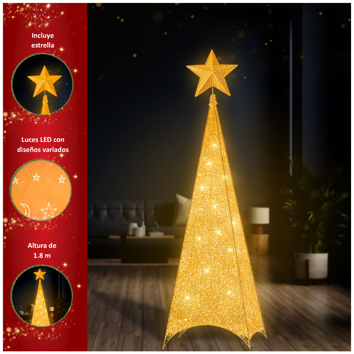 Arbol de Navidad Triangular 1.8mt con Luces Led 6 Diseños