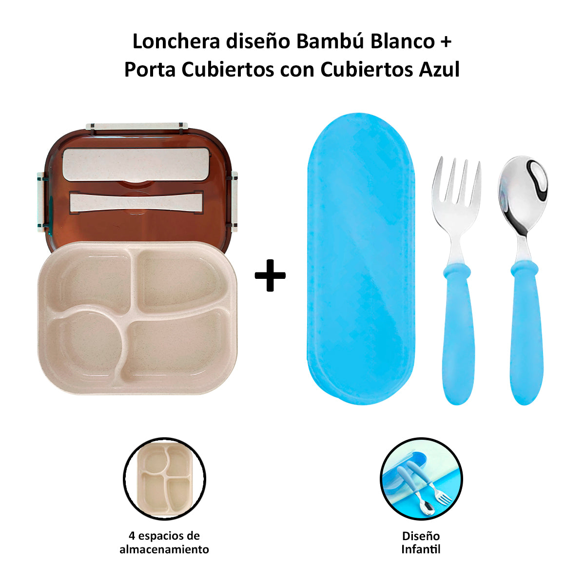Táper Lunch de 4 Compartimientos + Set de Cubiertos de Acero con Estuc